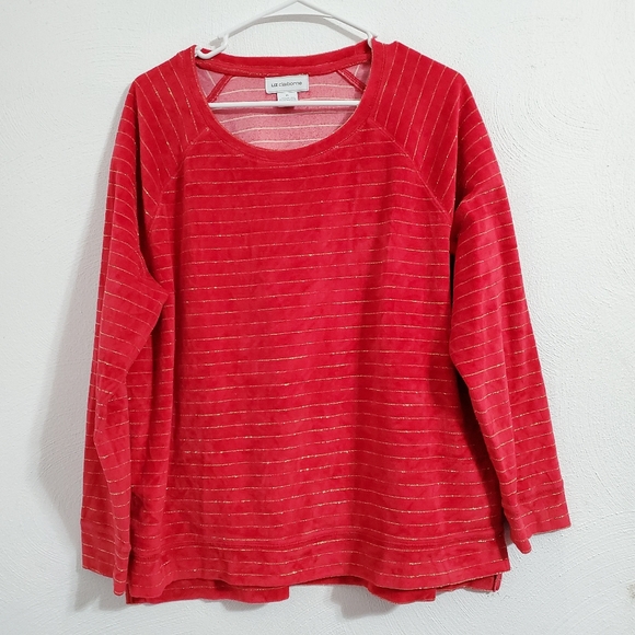 Liz Claiborne | Sweaters | Liz Claiborne Red Gold Striped Velour ...